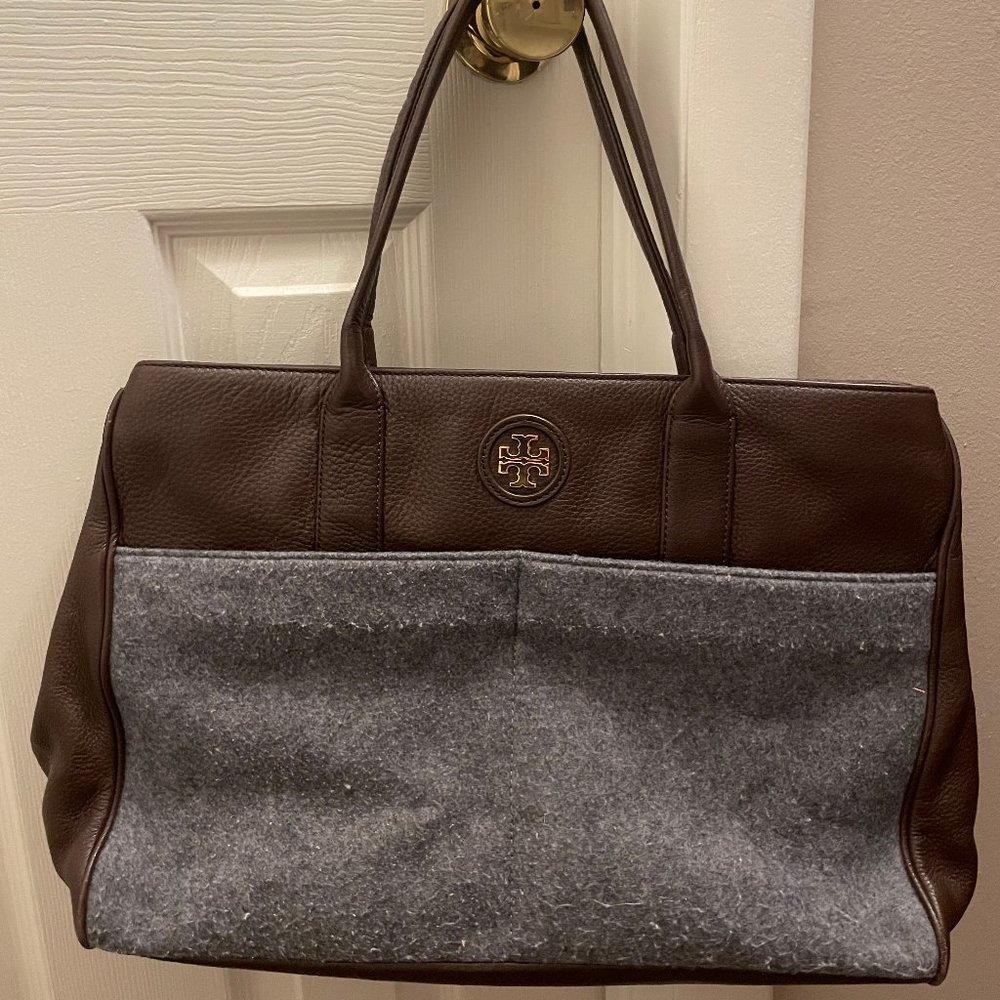 Tory Burch Cameron Brown & Gray Leather Wool Felt Tote - Gem